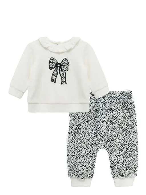LITTLE ME Bow Shirt & Joggers Set - Off White/black