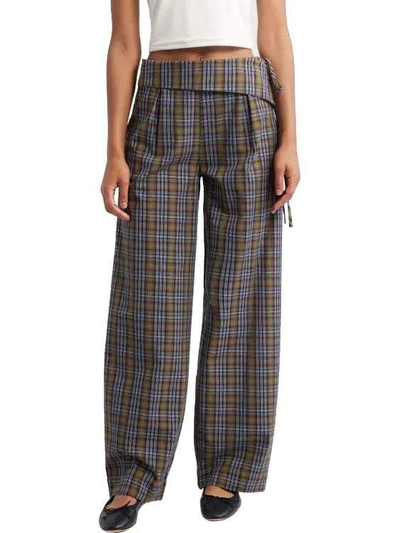 DAMSON MADDER Fia Foldover Waist Check Wide Leg Pants - Green Multi