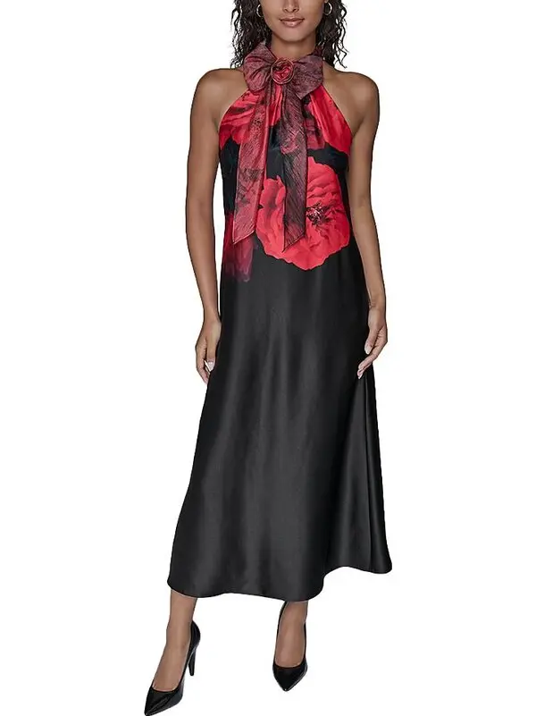 Karl Lagerfeld Paris Rosette Neck Midi Dress - Black/admiral Red Multi