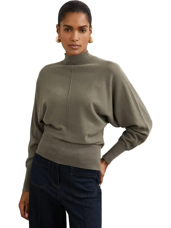 REISS Wool-blend Funnel-neck Batwing Jumper With Cashmere - Sage Green