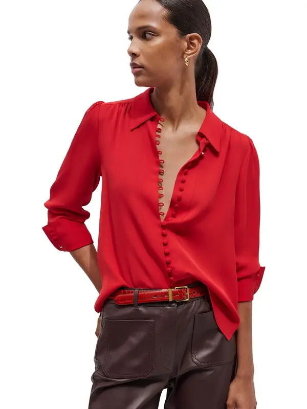 ME+EM Silk Button Shirt With Tie - True Scarlet Red