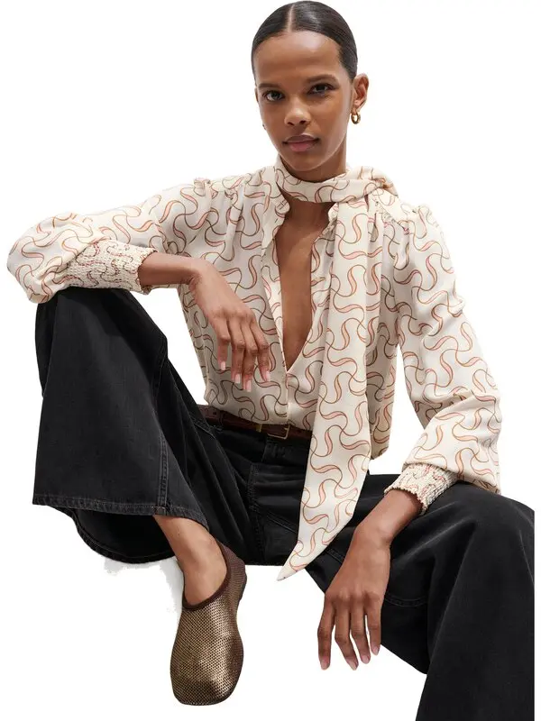 ME+EM Silk Printed Blouse With Tie - Light Cream/multi