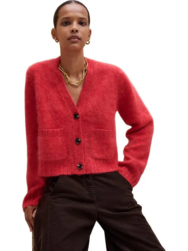 ME+EM Brushed Cashmere Relaxed Cardigan - True Scarlet Red Mouline