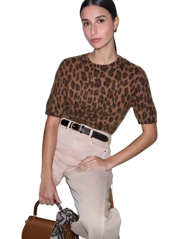 ME+EM Merino Cashmere Leopard Knit Tee - Leopard Print