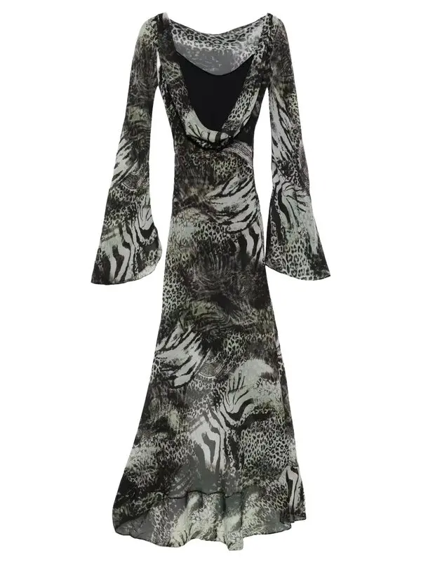 MIAU BY CLARA ROTESCU Animal-print Dress With Bell Sleeves - Green