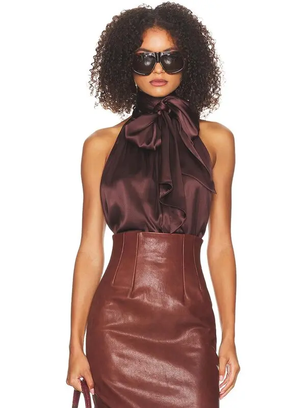 HELSA Silk Charmeuse Halter Top - Fudge