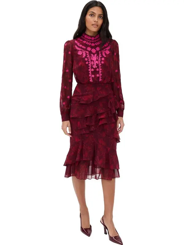 Saloni Isa Ruffle Silk Dress - Astilbe Burgundy/emb