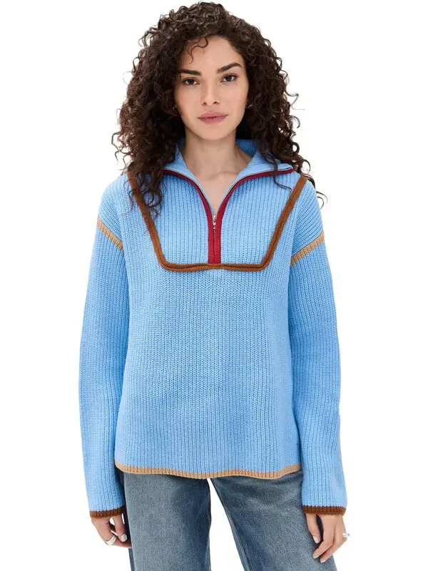 English Factory Contrast Piping Quarter Zip Sweater - Ocean Blue Multi