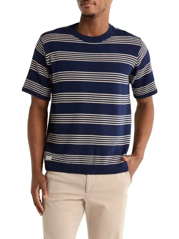 PERCIVAL Fiction Stripe Short Sleeve Cotton Crewneck Sweater - Navy