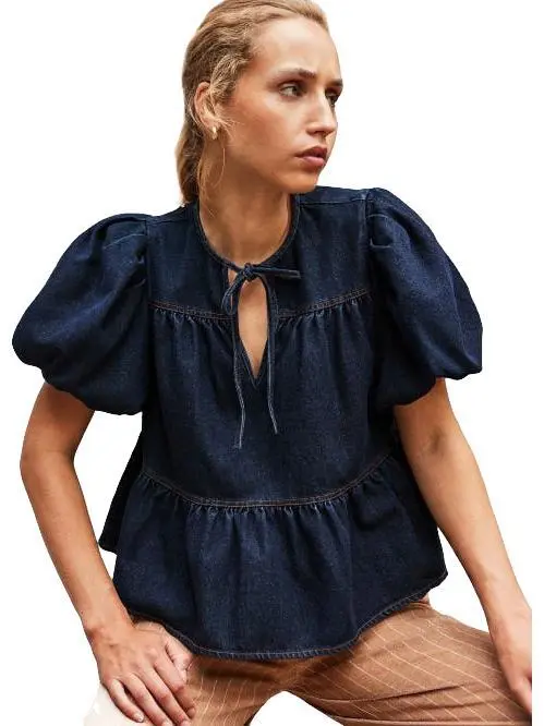 RO&ZO Denim Puff Sleeve Tie Neck Top - Blue