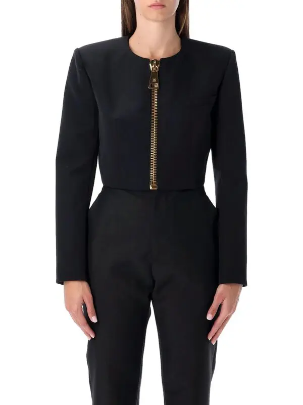 Balmain Cropped Wool Jacket With Gold Zip - Black