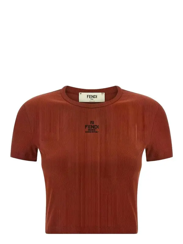 Fendi Ribbed Knit Top With Logo Embroidery - Brown