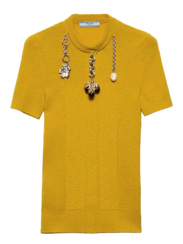 Prada Short-sleeved Wool Knit Sweater With Pendants - Yellow