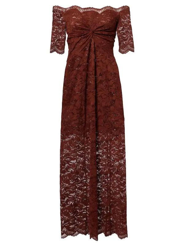 Rabanne Off-shoulder Lace Maxi Dress - Brown