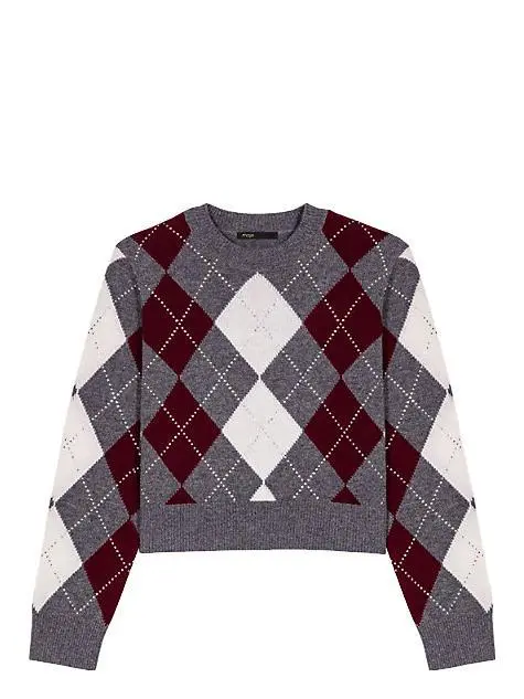 Maje Cropped Long-sleeve Argyle Wool Jumper - Gray / Burgundy / Ecru