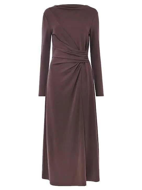 Whistles Ruched Long-sleeve Midi Dress - Brown