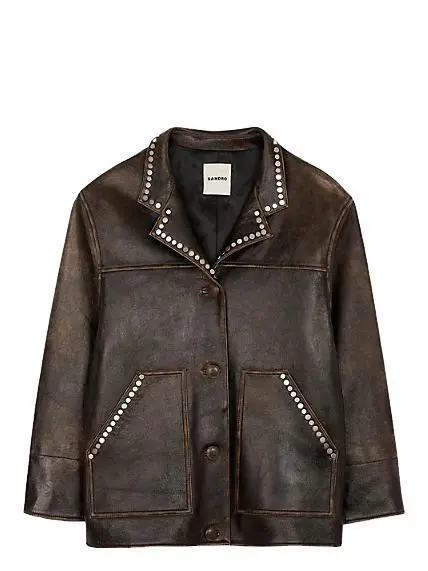 Sandro Oversized Stud-embellished Leather Jacket - Brown