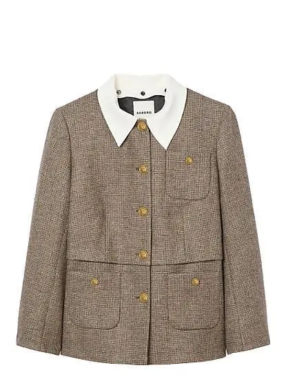 Sandro Houndstooth Wool-blend Jacket With Detachable Collar - Brown