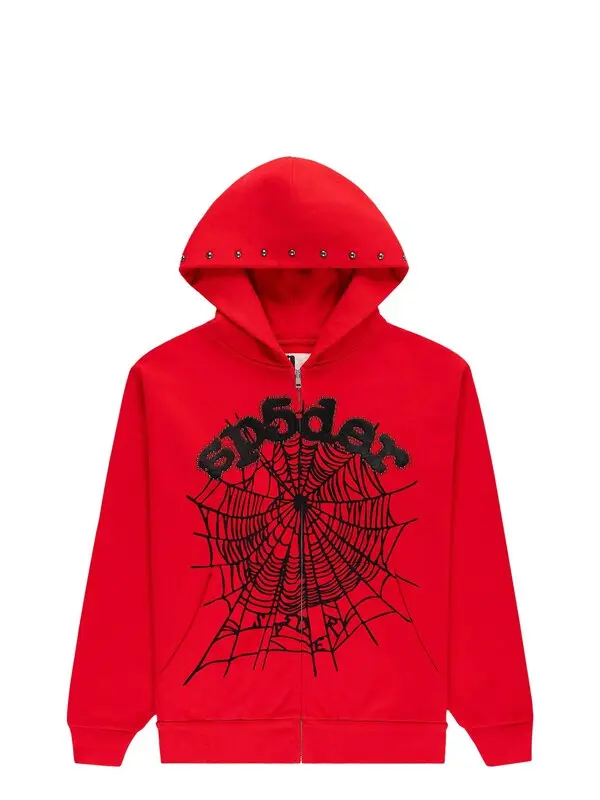 SP5DER Studded Zip Up Hoodie - Red