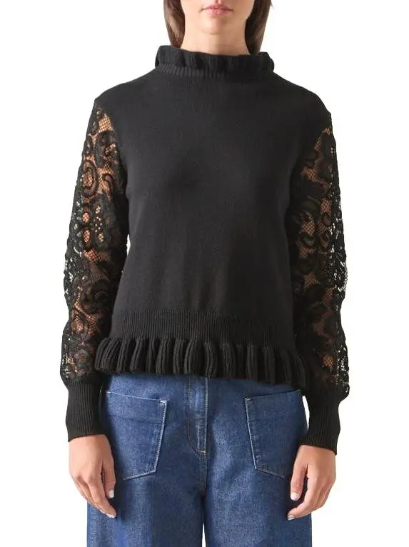 LK BENNETT Viv Frill Lace Inset Sweater - Black