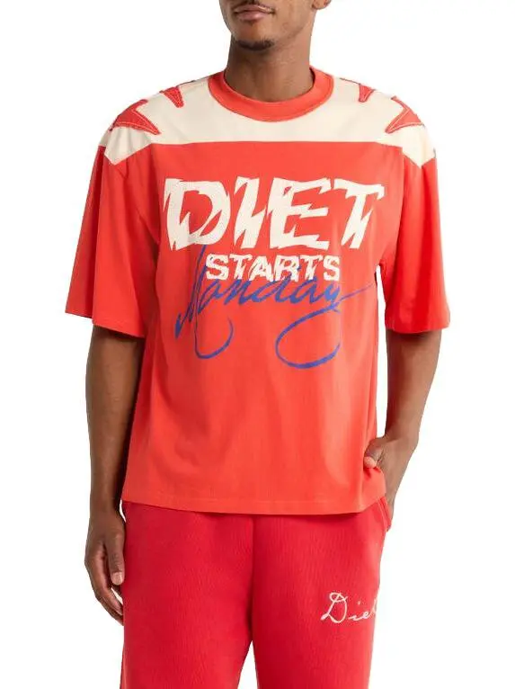 DIET STARTS MONDAY Yoke Colorblock Cotton T-shirt - Red