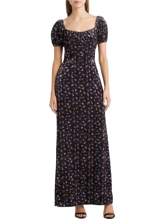 Lulus Jillian Floral Cap Sleeve Gown - Black Floral