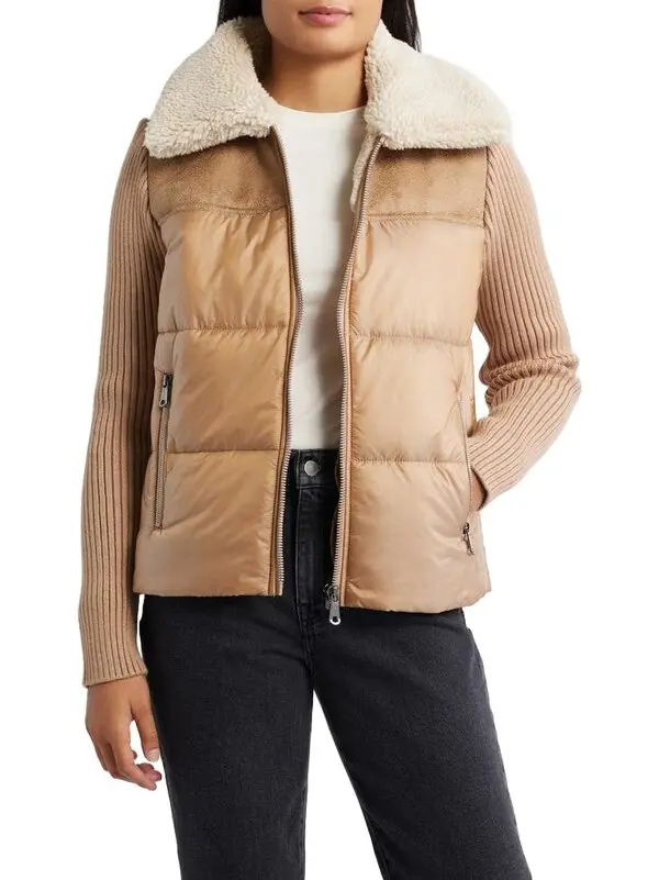 Bernardo Breck Ecoplume™ Puffer Knit Jacket - Dark Taupe /tan Shearling
