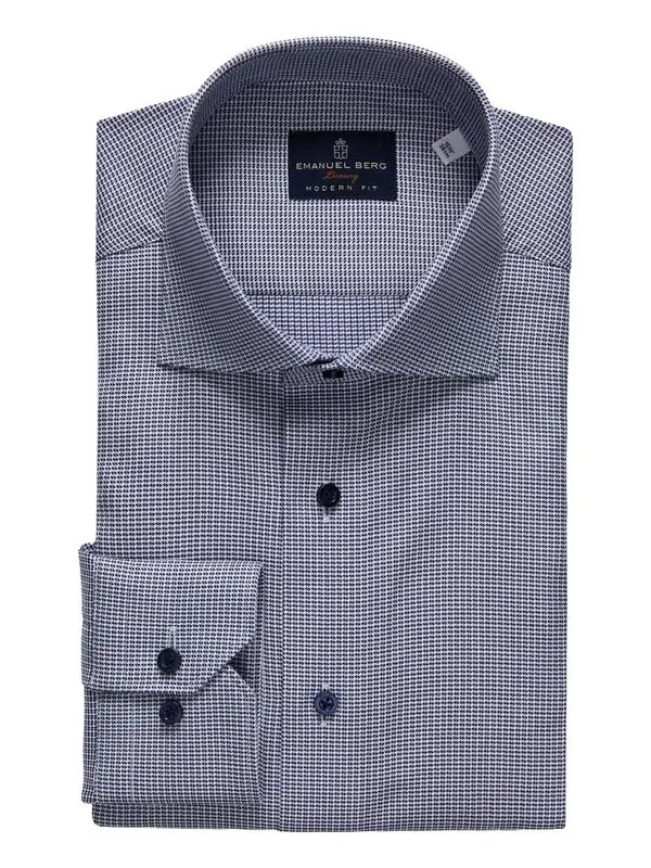 EMANUEL BERG Modern Fit Houndstooth Natural Stretch Yoga Twill Dress Shirt - Navy