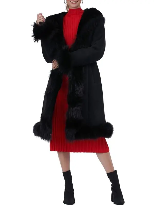 Gorski Genuine Shearling Short Coat With Tuxedo Collar And Hood Trim - Black