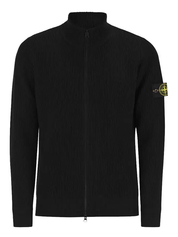 Stone Island Sweater With Zip And Ribbed Edges - Black