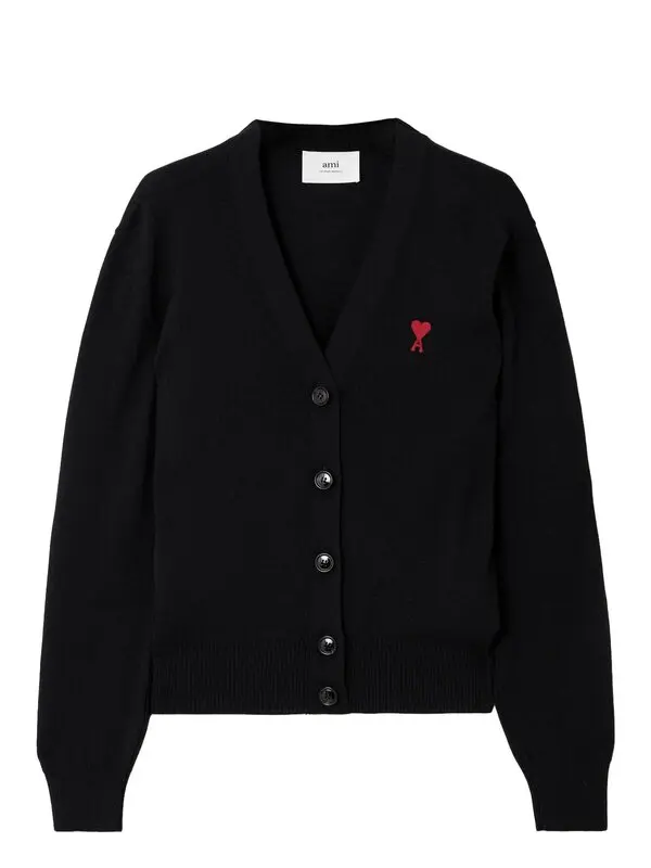 AMI Paris Embroidered Wool Cardigan - Black