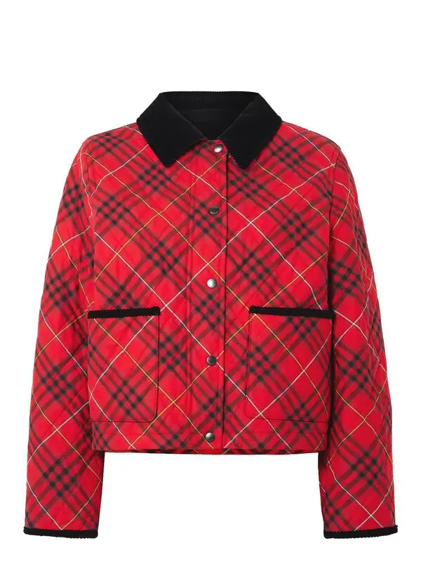 Burberry Corduroy-trimmed Quilted Checked Cotton Jacket - Red