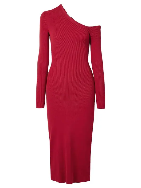 Staud Lois Off-the-shoulder Ribbed-knit Midi Dress - Red