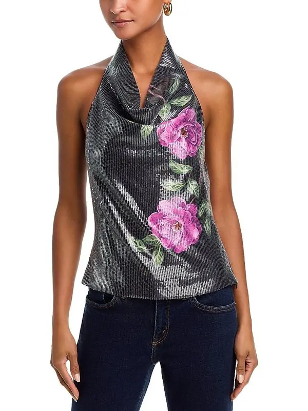 Aqua Sequin Floral Halterneck Top - Black Multi