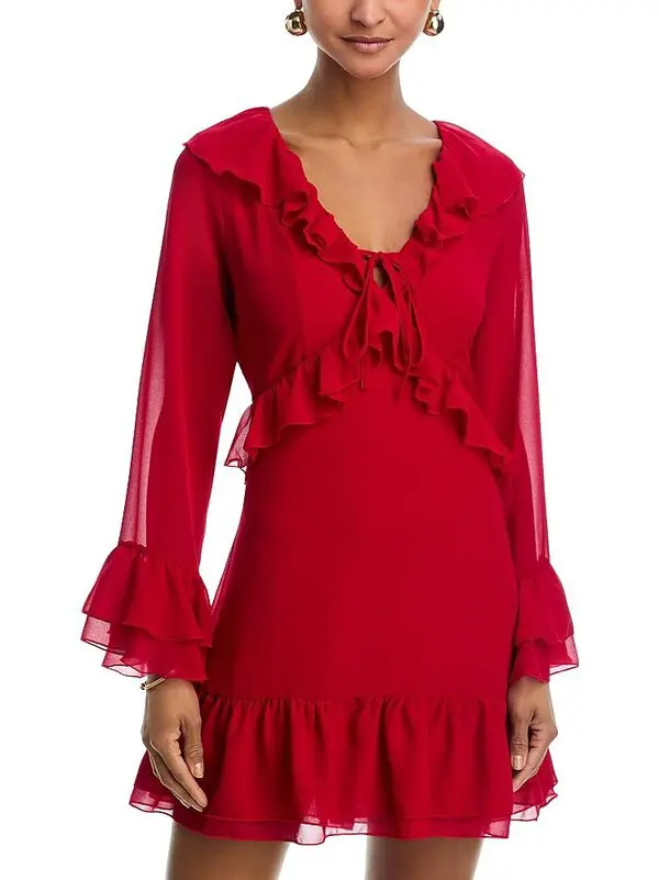 Aqua Ruffle Long Sleeve Mini Dress - Red