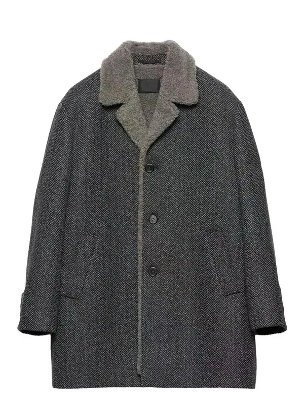 Prada Herringbone Shearling-collar Coat - Grey