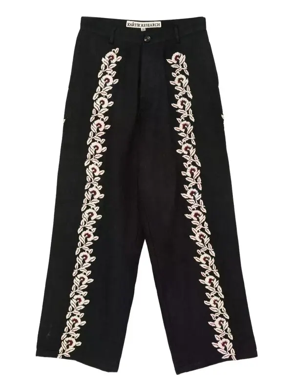 KARTIK RESEARCH Floral-embroidered Trousers - Black
