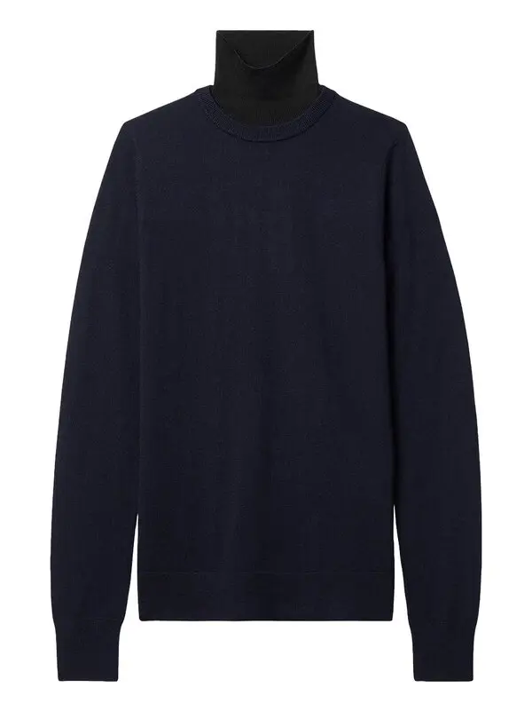 TOTEME Silk-trimmed Two-tone Wool Turtleneck Sweater - Navy