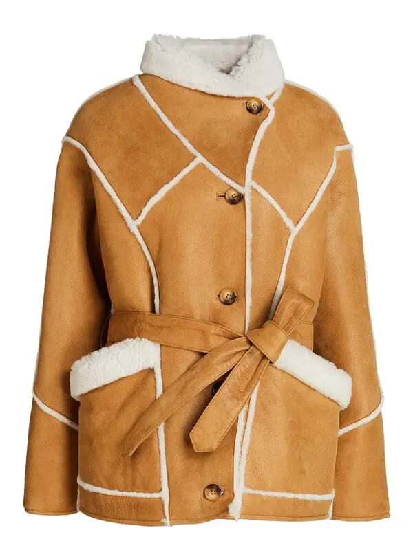 Maje Belted Shearling Coat - Camel
