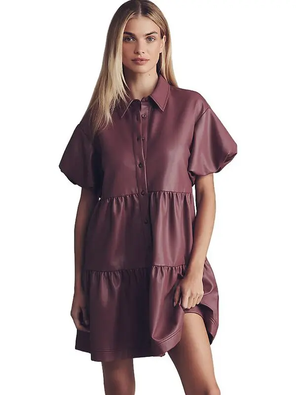 Maeve Faux-leather Mini Shirt Dress - Dusted Plum