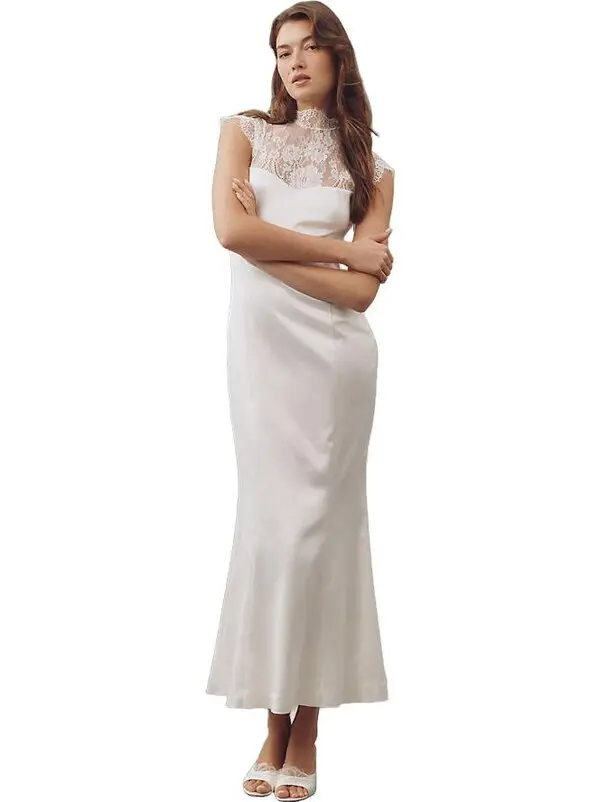 Bhldn Cap-sleeve Lace Stretch Satin Maxi Dress - Ivory