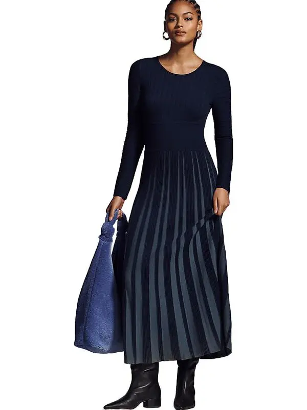 MARE MARE Long-sleeve Slim Sweater Maxi Dress - Blue Colorblock