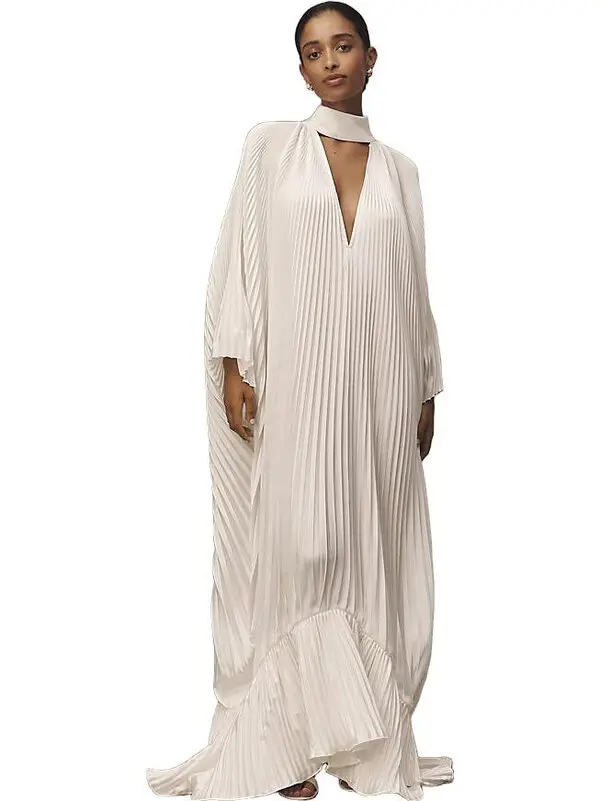 L'IDEE Empire Long-sleeve Pleated Maxi Dress - Ivory