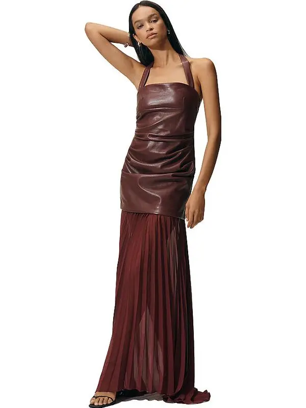 DELFI COLLECTIVE Delilah Faux Leather Sheer Halter Maxi Dress - Bordeaux