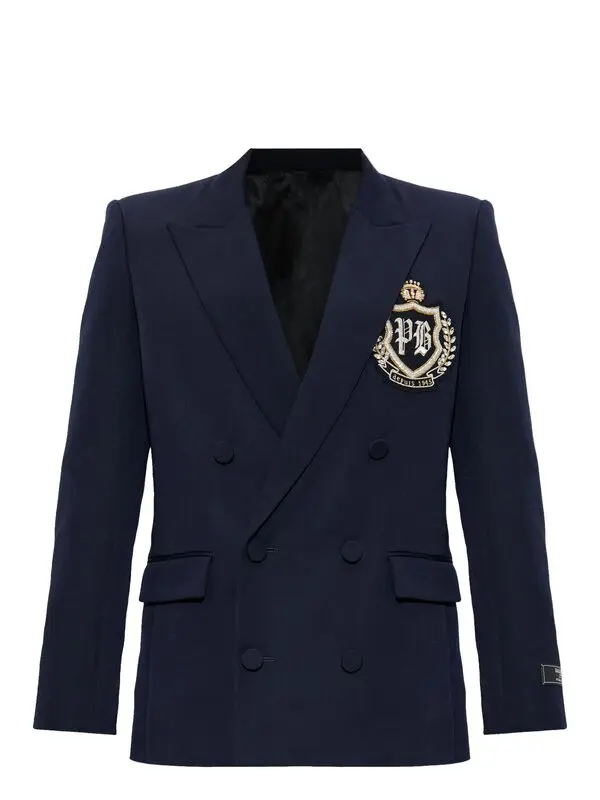 Balmain Double-breasted Blazer With Applique - Navy Blue