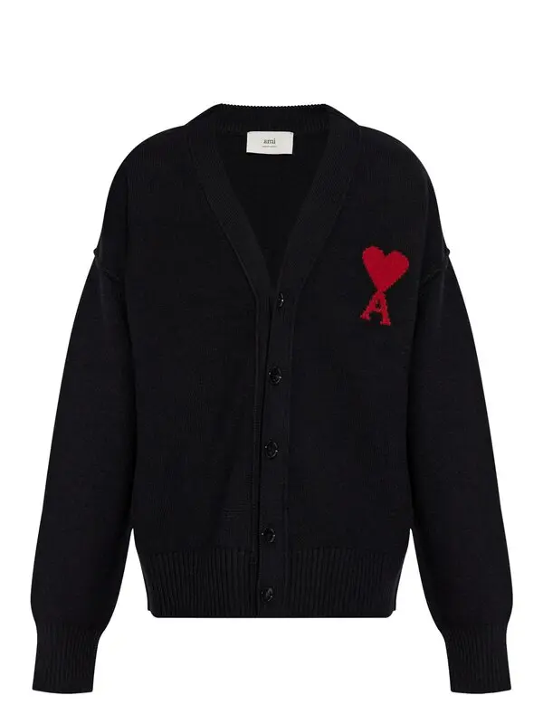 Ami Wool Cardigan With Logo - Black