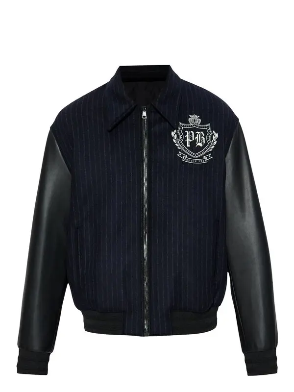 Balmain Bomber Jacket With Leather Sleeves - Navy Blue