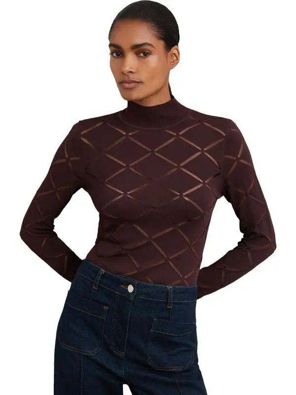 REISS Seren Laser-cut Knit Top - Burgundy