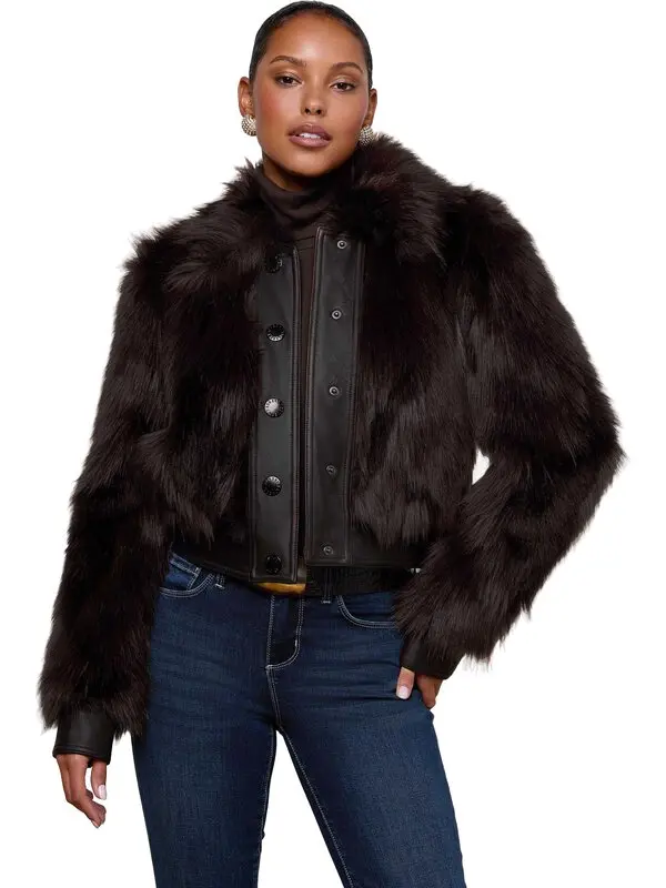 L'Agence Faux Fur Jacket With Leather Trim - Coffee Bean