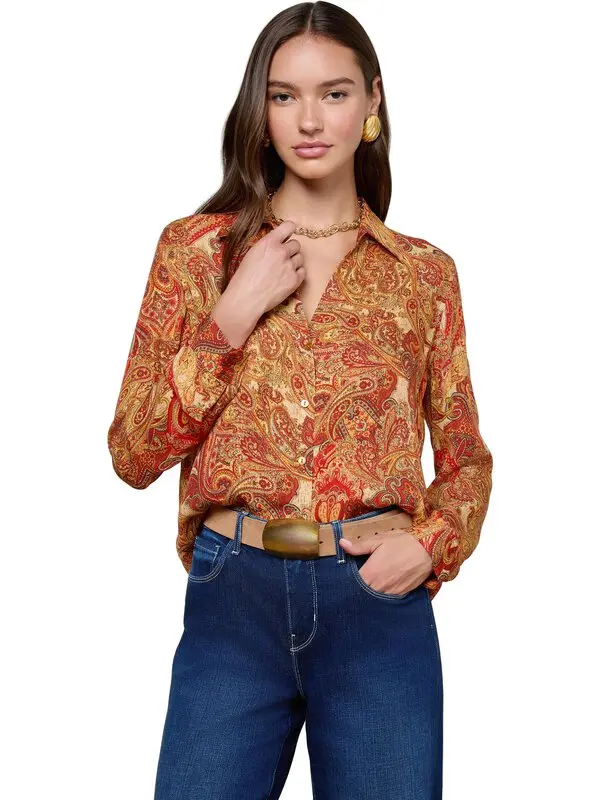 L'Agence Nina Silk Blouse Top - Golden Ochre Multi Twill Paisley